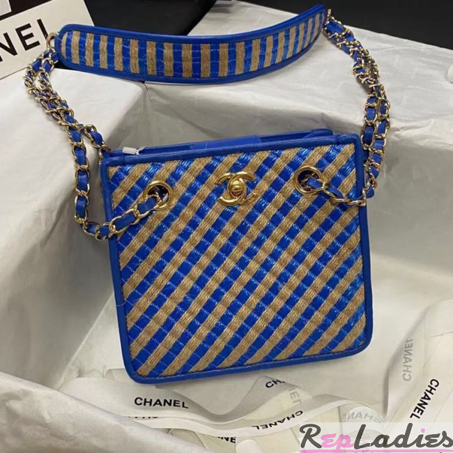 Chanel Raffia Drawstring Bucket Bag AS2421 Blue 2021
