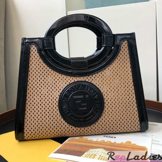 Fendi Perforated Calfskin Runaway Logo Stamp Small Shopper Top Handle ...