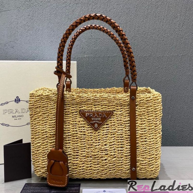 Prada Corn Husk and Leather Woven Tote 1BG336 Beige/Brown 2020