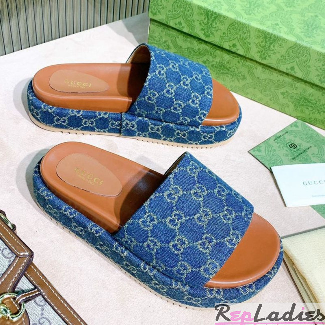 Gucci GG Denim Platform Slide Sandal 573018 Light Blue 2021
